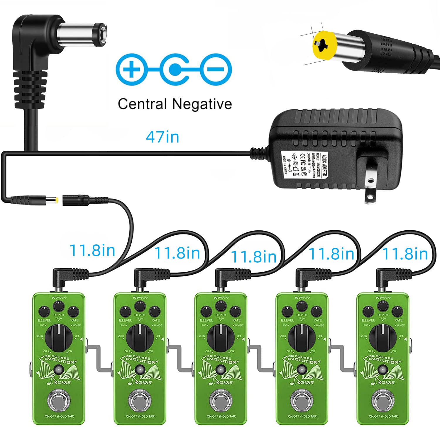 XZGm 9V1A Guitar Effects Pedal Power Adapter with 5-Way Effects Pedal Cable, for Most Versions of Guitar Effects Pedals, No Noise Interference(Inner-Outer +)