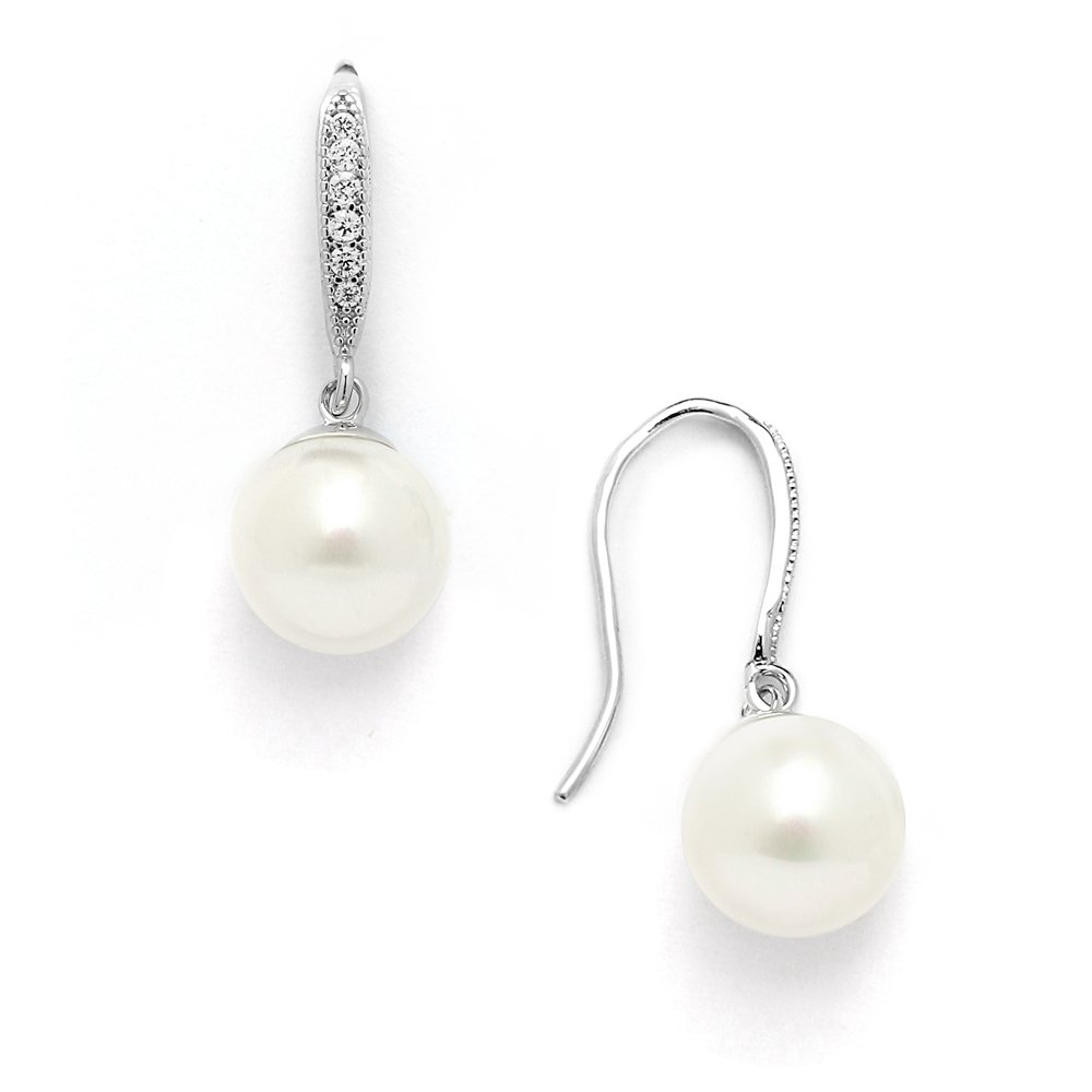 Mariell Pearl Drop Earrings, 8mm, French Wire Top with CZ Crystal for Bride, Wedding or Birthday Gift