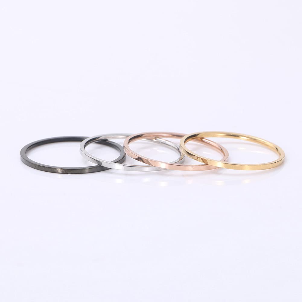 NUNCAD 4Pcs 1mm Stainless Steel Women's Plain Band Thin Knuckle Stacking Rings Comfort Fit Size 5 Steel/Gold/Rose Gold/Black Tone