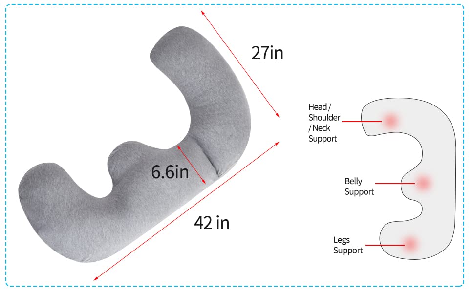 Yuantianwey J Shaped Pregnancy Pillow Maternity Body Pillow for Pregnancy,Pregnancy Pillows for Side Sleeping, Body Pillow with Jersey Cover for Head Neck Belly Support, Grey…
