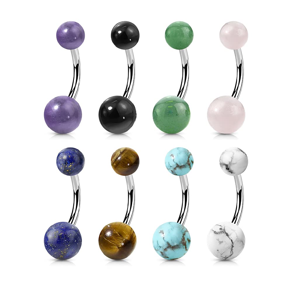 Pierced Owl 14GA Natural Stone Ends with Threaded Steel Inserts 316L Surgical Stainless Steel Barbell Navel Belly Button Ring (Turquoise)