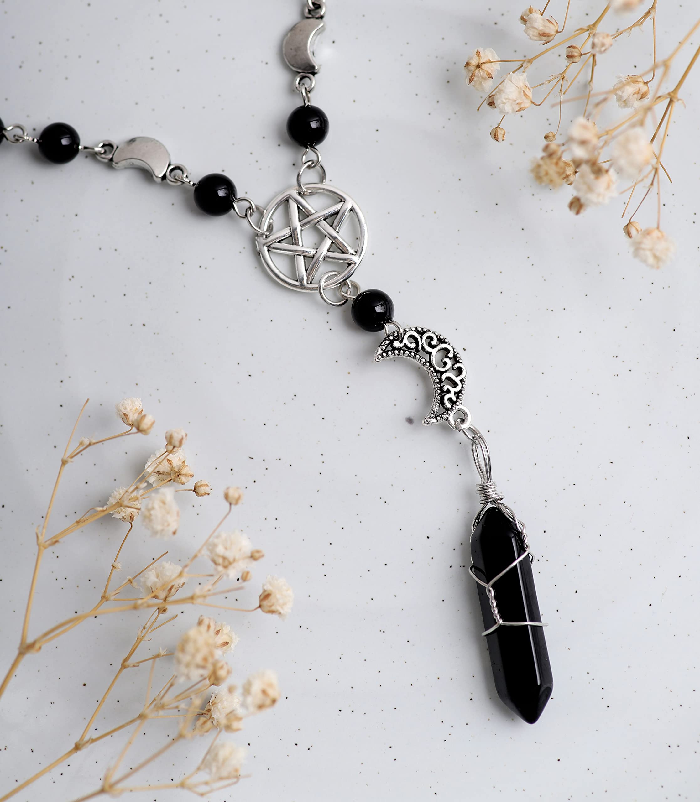 Sacina Gothic Crescent Moon Choker Necklace, Moon Sun Pendant, Goth Gift for Women, Christmas Gift for Women (Bead Moon Pentagram Crystal)