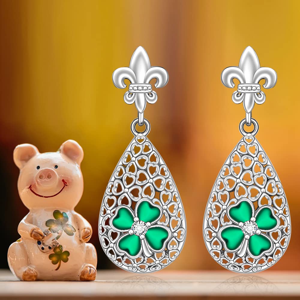 Shamrock Earrings Four Leaf Clover St Patricks Day Earrings for Women Celtic Knot Irish Leverback Drop Dangle Sterling Silver Studs Green Shamrock Jewelry