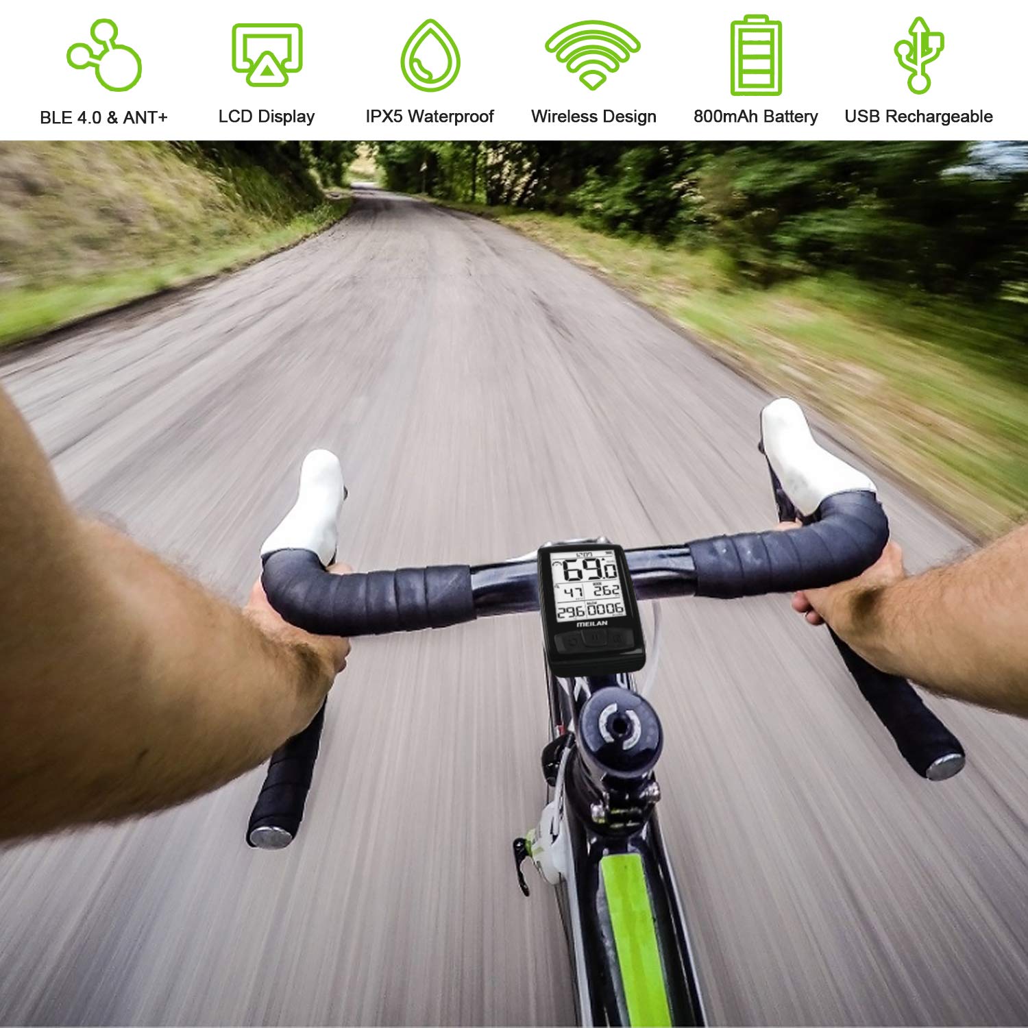 MEILAN M4 Wireless Bike Computer, ANT+ BLE4.0 Bicycle Speedometer and Odometer with Cadence/Speed Sensor, Waterproof Cycling Computer with 2.5 inch LCD Backlight Display for Indoor/Outdoor Cycling
