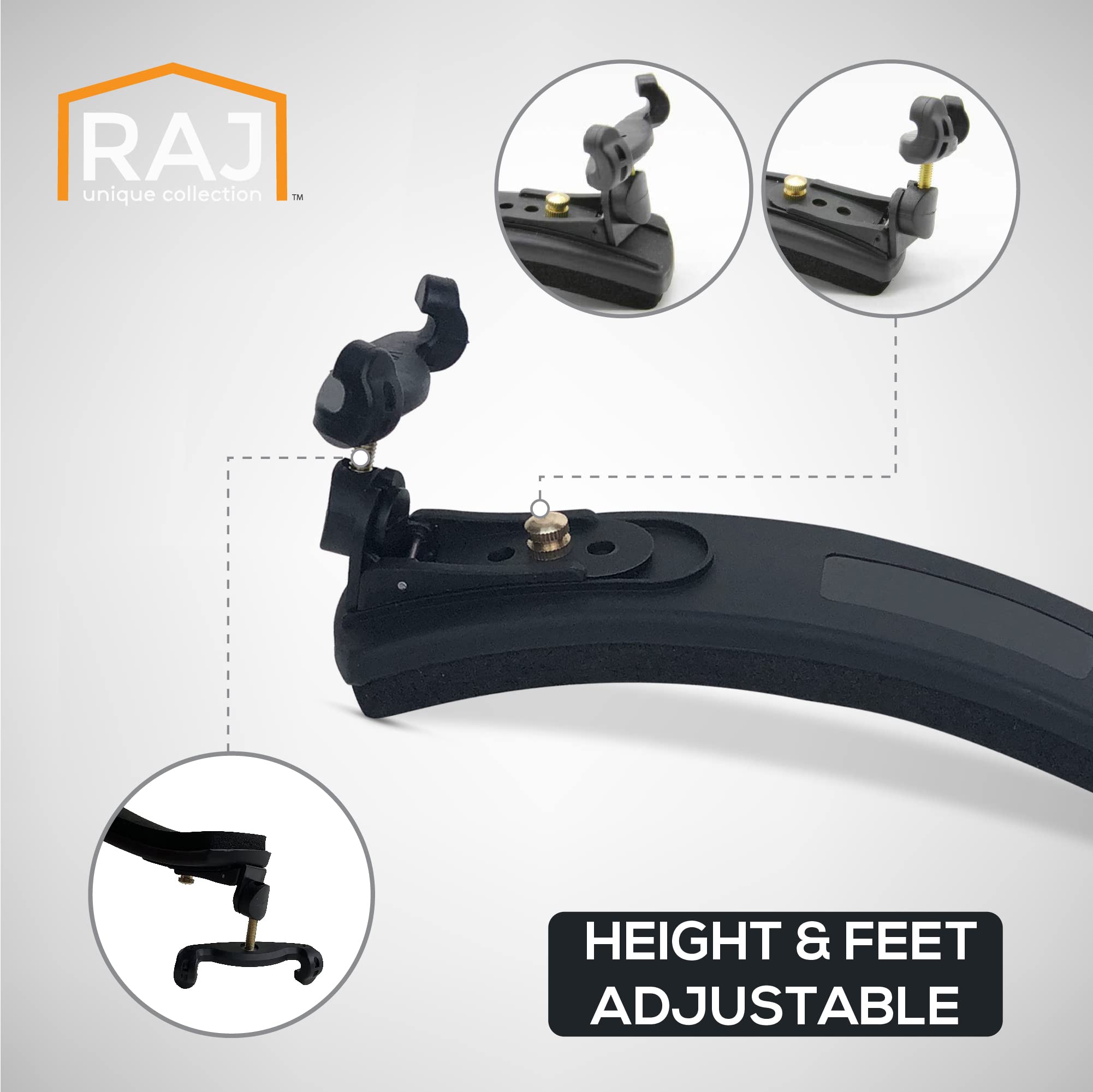 Raj Unique Collection Violin Shoulder Rest - Foam Shoulder Rest for 3/4 and 4/4 Size Violins and Violas - Adjustable Height and High Grip Collapsible Feet - Padded Cradle, Strain and Fatigue Remover