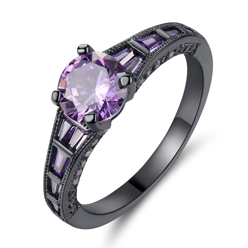 Narica Black Gold Plated Women's Antique Ring Retro Oxidized Finished Round Cut Created Amethyst CZ Cubic Zirconia Filled Engagement Promise Wedding Vintage Band for Mom Lover 8#