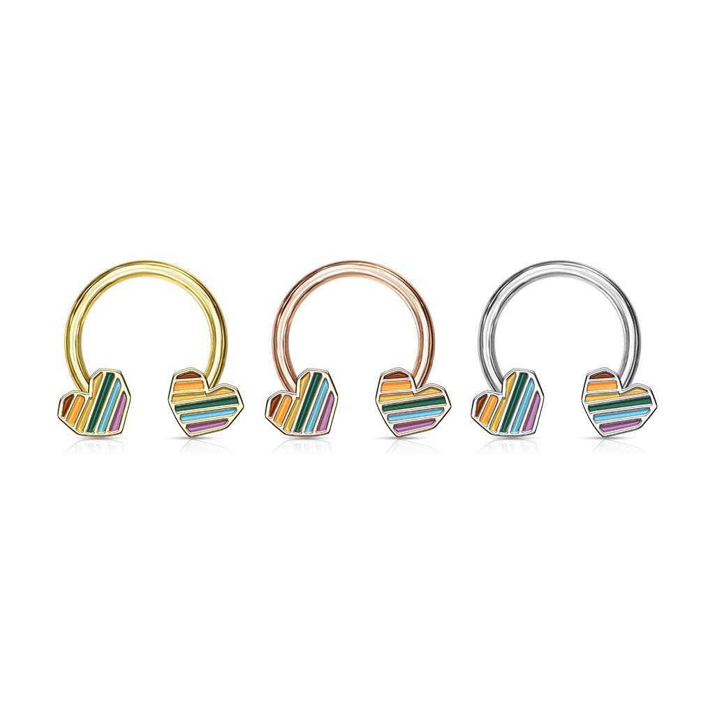 Pierced Owl 16GA 316L Stainless Steel Rainbow Heart Ends Septum Cartilage Horseshoe Barbell (Silver Tone)