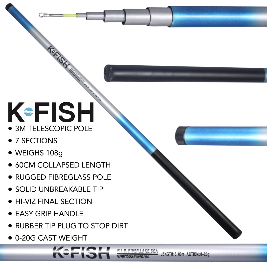 Rigged and Ready K-Fish 3m Telescopic Fishing Whip Pole, Float rigs Hooks Tackle. Pole 3 Pole rigs Hooks line Box 37 Pcs Tackle Lures Accessories. Fish Guide. Saltwater Freshwater Fish. Start Fishing