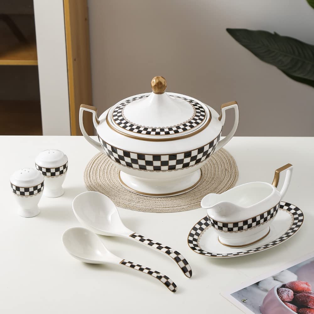 Porlien Checker Dinner Serving Set with Soup Tureen, Soup Ladles, Gravy Boat with Ladle and Stand and Salt & Pepper Shaker