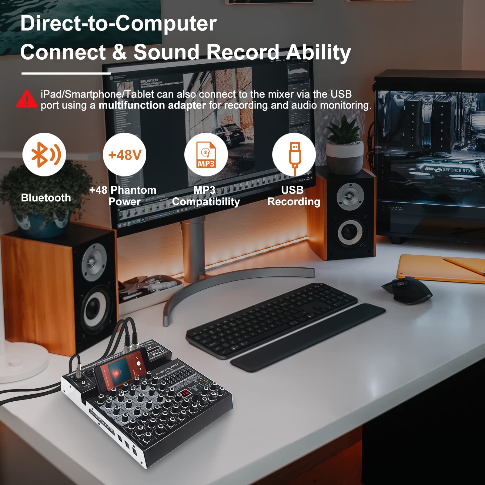Professional DJ Audio Mixer, Phenyx Pro Sound Mixer, 6-Channel Sound Board Mixer Audio w/Bluetooth & USB Audio Interface, Stereo Equalizer, 16 DSP Effects, 3-Band EQ, For Studio & Stage (PRX-600)