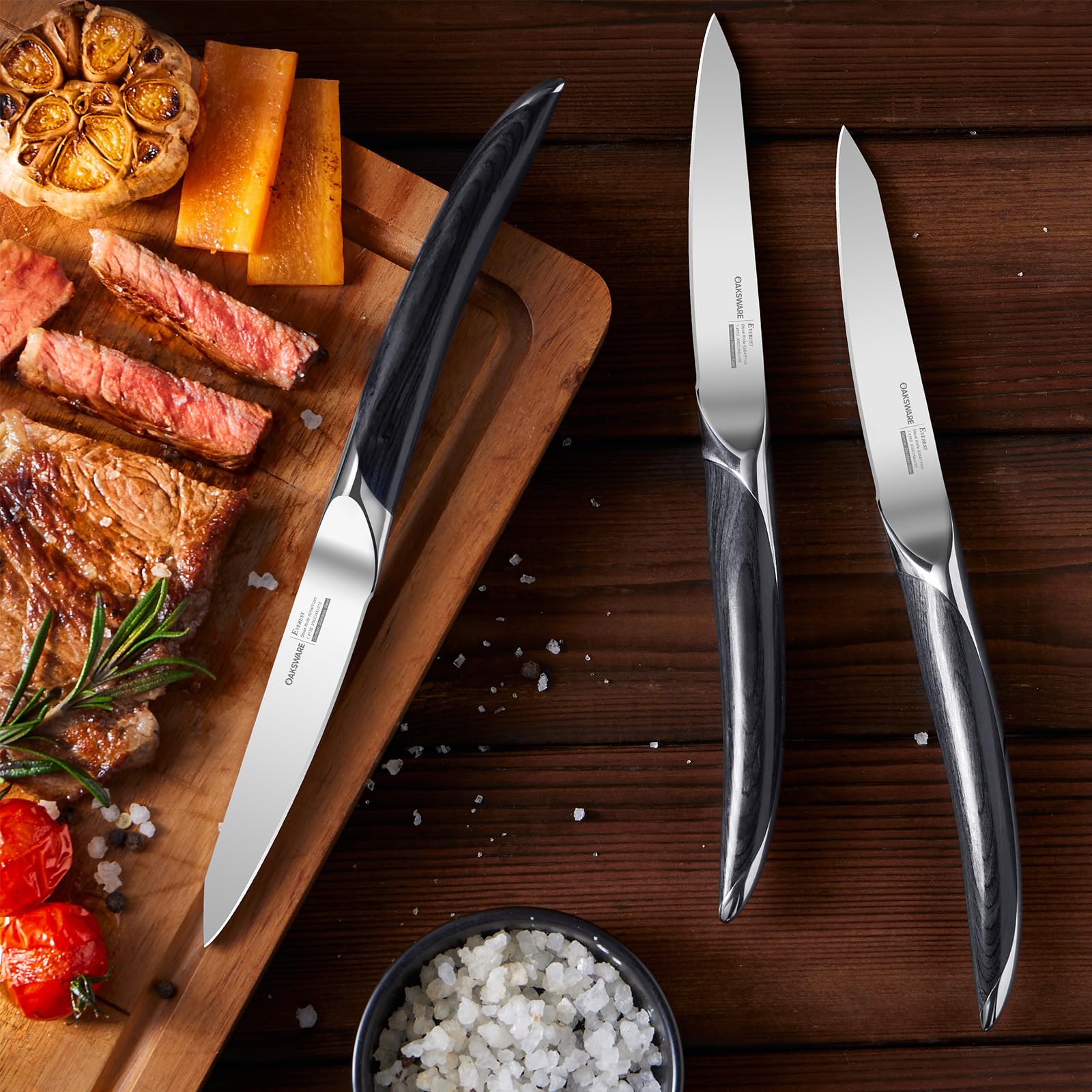 OAKSWARE Non Serrated Steak Knives Set of 8, 5 Inch German High Carbon Steel Steak Knife for Kitchen, Sharp Knives with Full-Tang Ergonomic Handle, Black