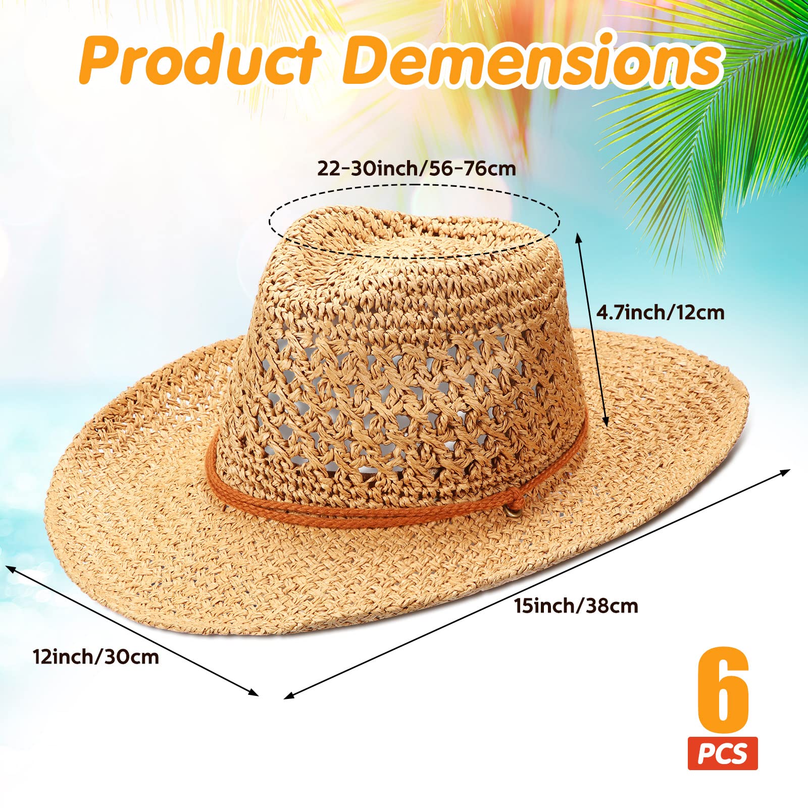 Unittype 6 Pcs Western Cowboy Straw Hats Shapeable Handmade Woven Sunscreen Beach Hat for Women Men Outdoor Seaside (Khaki)