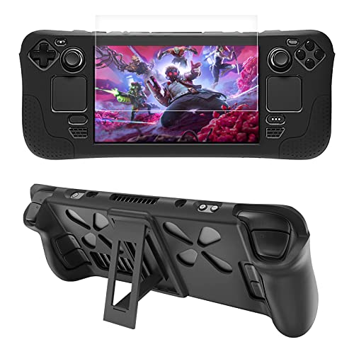Umido Silicone Kickstand Case for Steam Deck, Protective Cover Set Includes Clear Screen Protector, Embedded Kick Stand, Thumb Grips Cap for Steam Deck (Black)