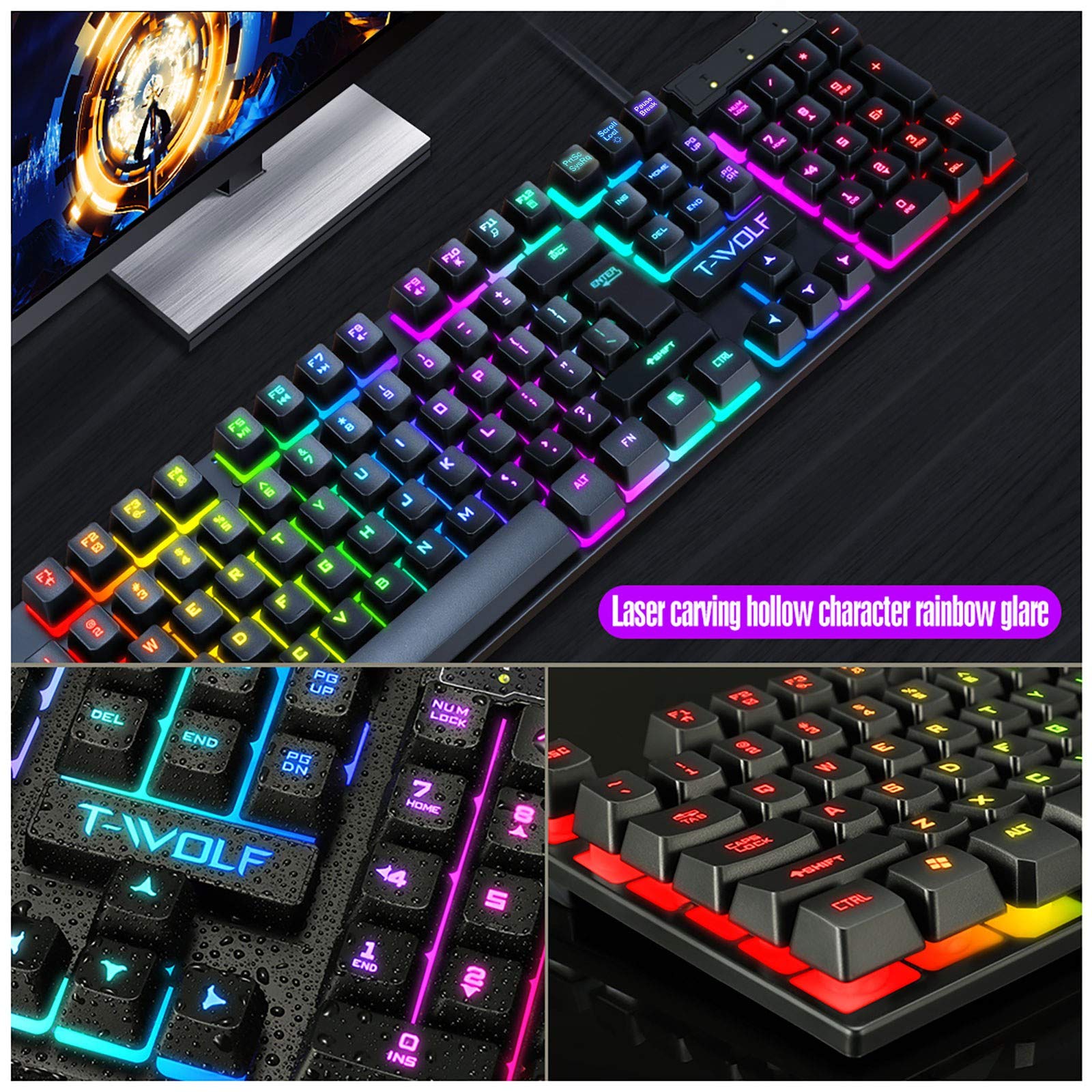 RGB Gaming Keyboard and Mouse-Light Up & LED Backlit Mechanical Keyboard & Mouse Combo-Rainbow Keyboard with 104 Keys- Gaming Mouse, for PS4, PS5, Xbox, PC, Laptop-Black