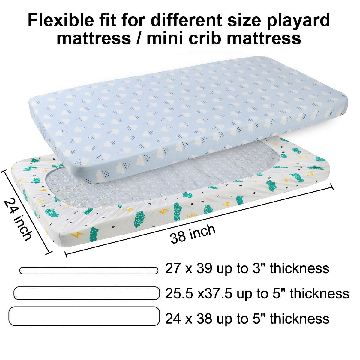 Pack n Play Playard Fitted Sheet 2 Pack, Ultra Soft Stretchy Jersey Cotton Portable Mini Crib Sheets, Clouds and Raindrops Prints, White and Blue
