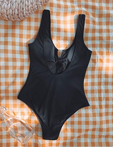 MELYUM One Piece Swimsuits for Women Cheeky High Cut Tummy Control Bathing Suits Low Back V Neck Swimwear Black