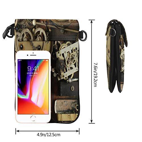 Vintage Steampunk Ancient Gears Women Cell Phone Purse Leather Shoulder Crossbody Bag Wallet Pouch