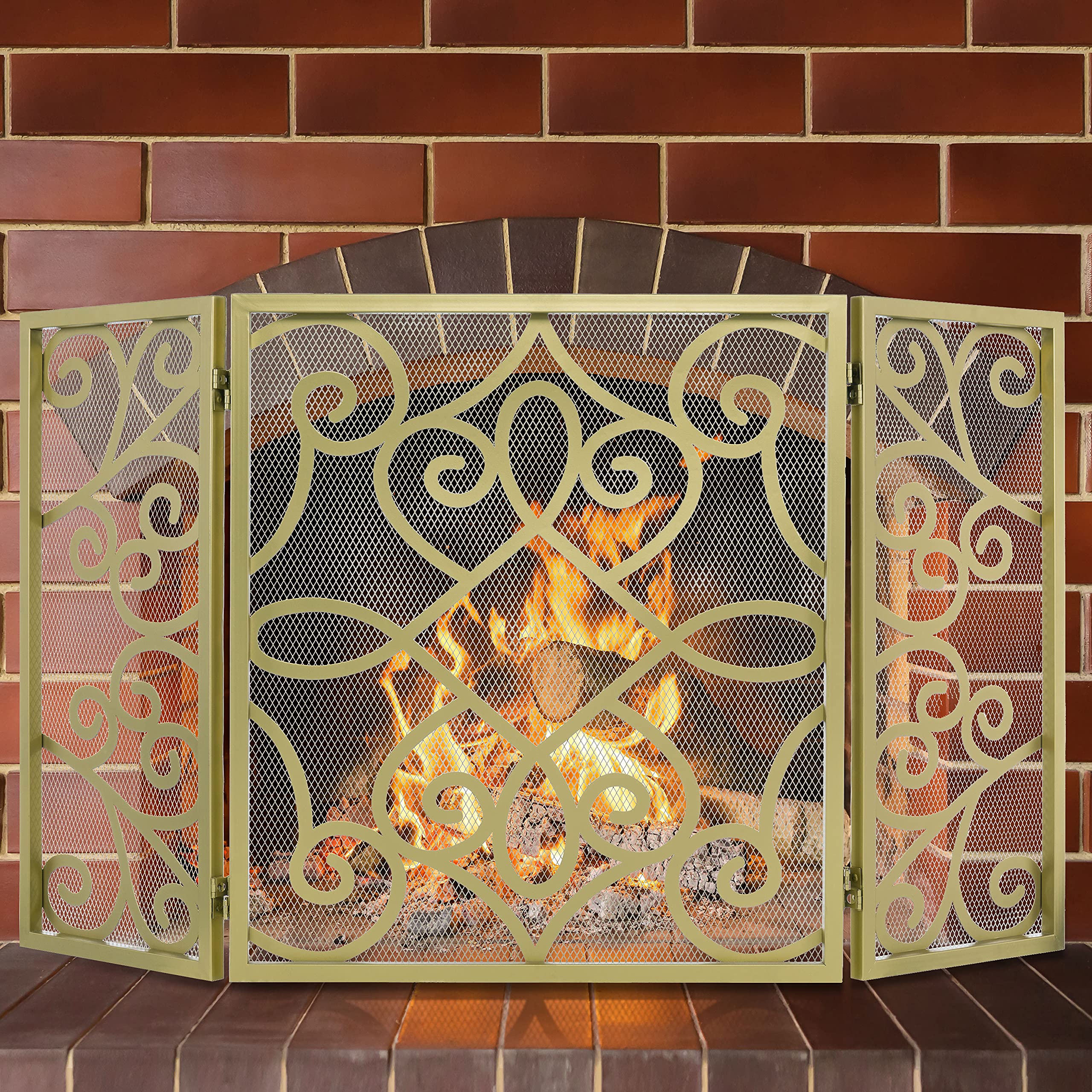 MyGift 3-Panel Vintage Gold-Tone Scrollwork Freestanding Metal Fireplace Screen