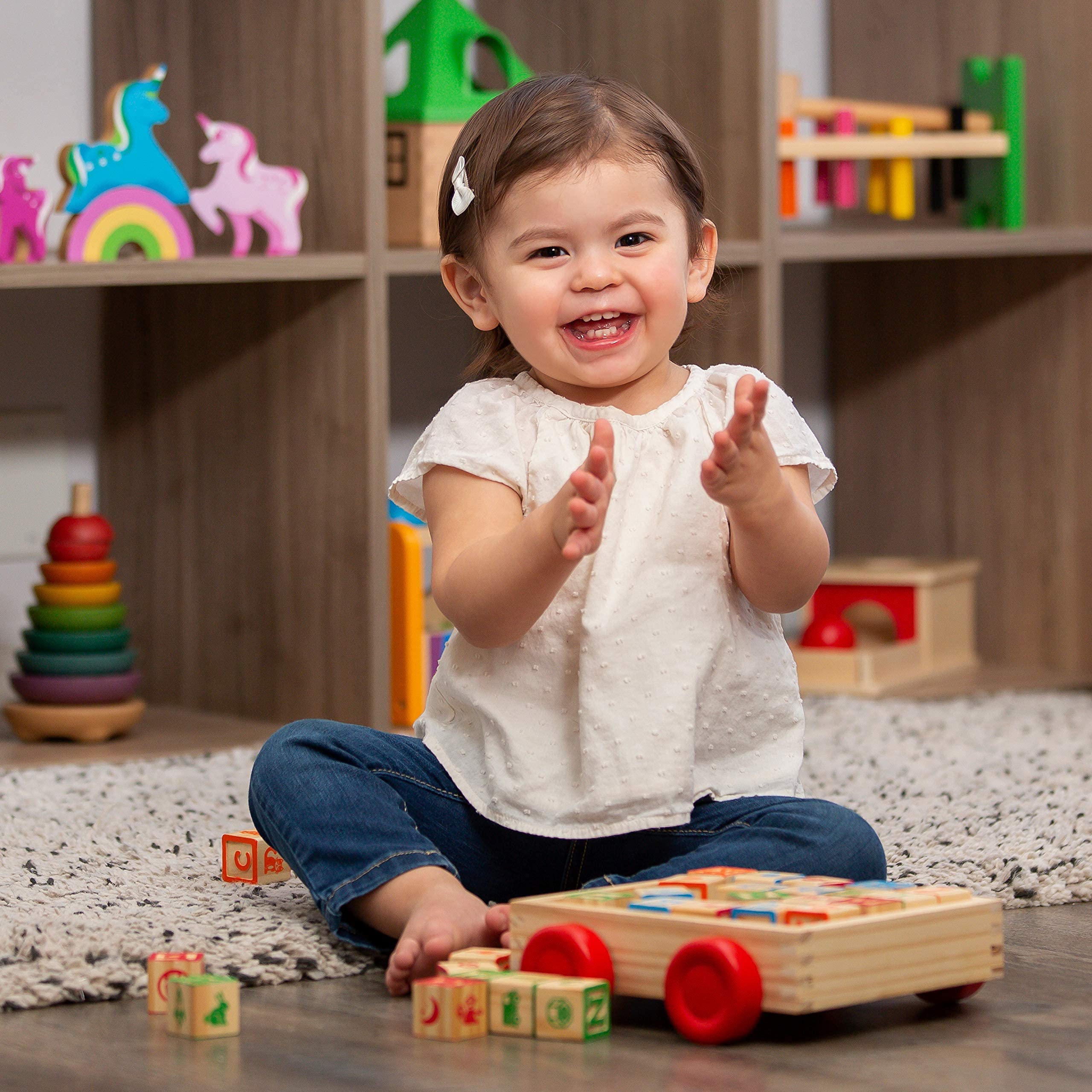 Oaktown Supply Building Blocks for Toddlers 1-3 Years Old, 30 Large Stackable Wooden Baby Blocks with Alphabet and Number Icons on Every Side, Toy Wagon Included