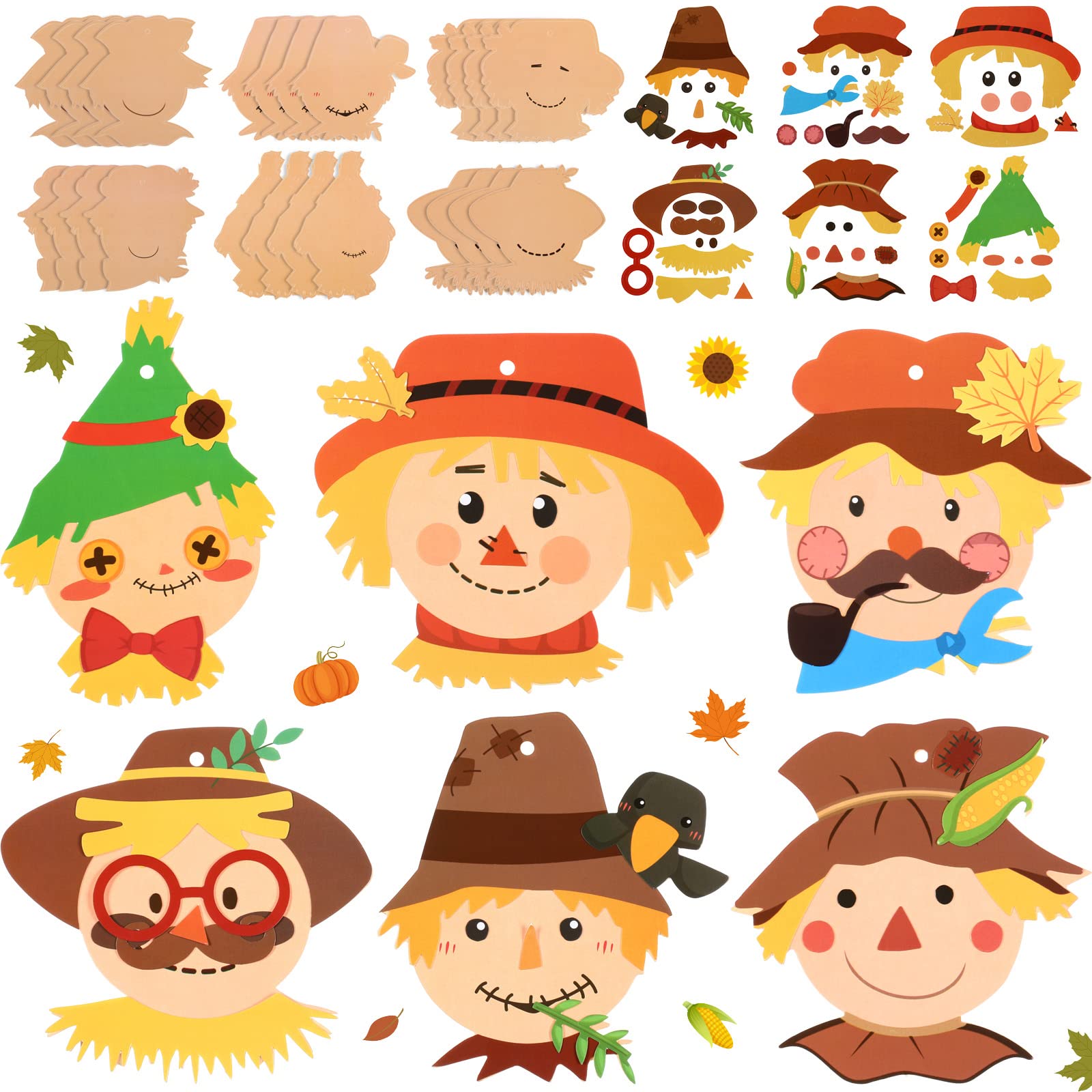 Yexiya 24 Pieces Fall Scarecrow Head Craft Kits Assorted Scarecrow DIY Ornaments for Kids Art Gift Favors Autumn Thanksgiving Project Home Classroom Game Activities