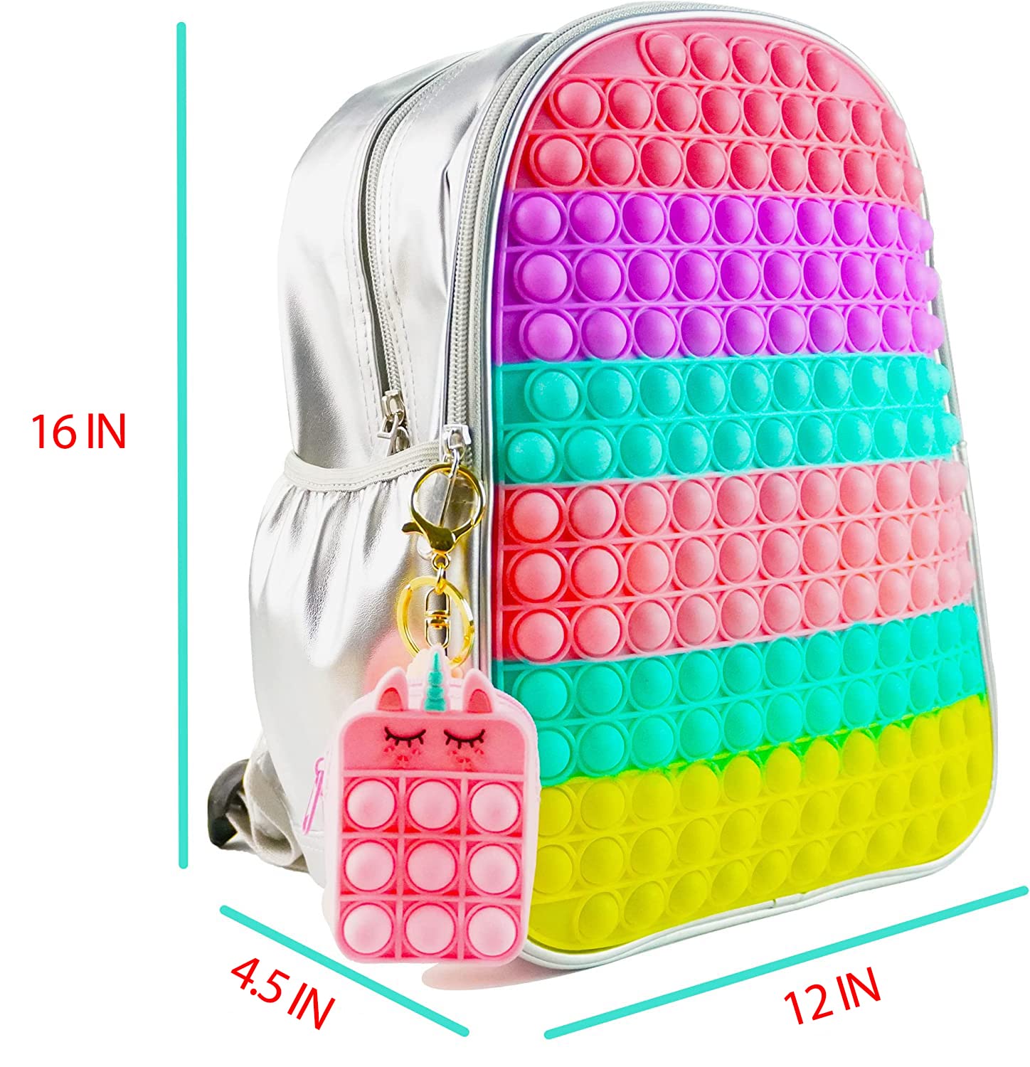 ReignSword Pop it Backpack for Boys & Girls with Pop it Purse, Mini Toddler Backpack, Small Fidget Toys Pop Purse for Kids Gift, Macaroon Silver, 12(L) x 4.5(W) x 16(H) inches
