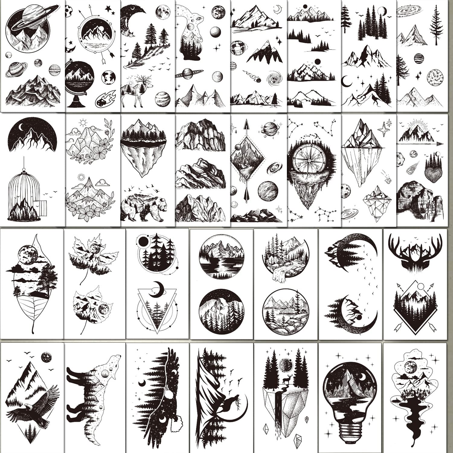 Ooopsiun 30 Sheets Small Black Mountain Planet Temporary Tattoos for Men Women - Unique Realistic Waterproof Forest Triangle Designs Body Art Tattoos for Adults