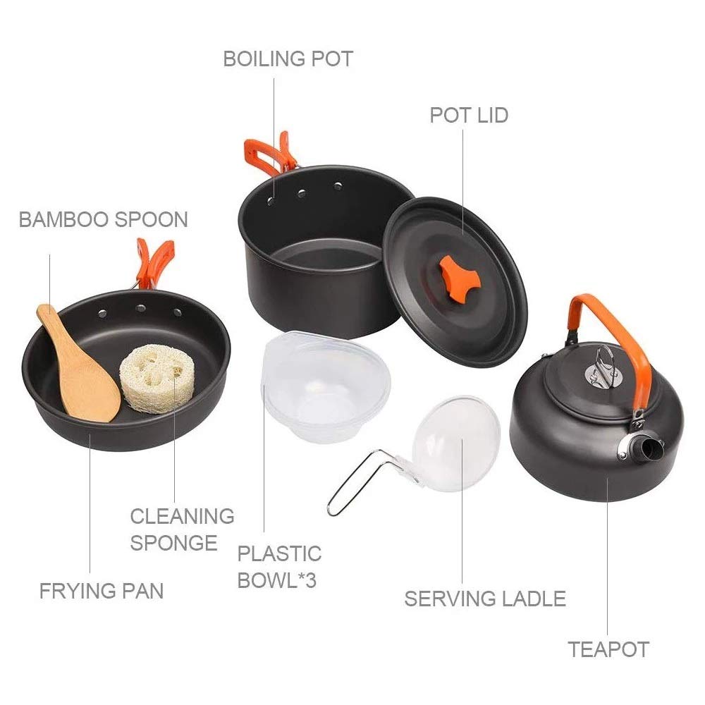 YFDM Camping Cookware Kit Outdoor Aluminum Cooking Set Water Kettle Pan Pot Travelling Hiking Picnic BBQ Tableware Equipment