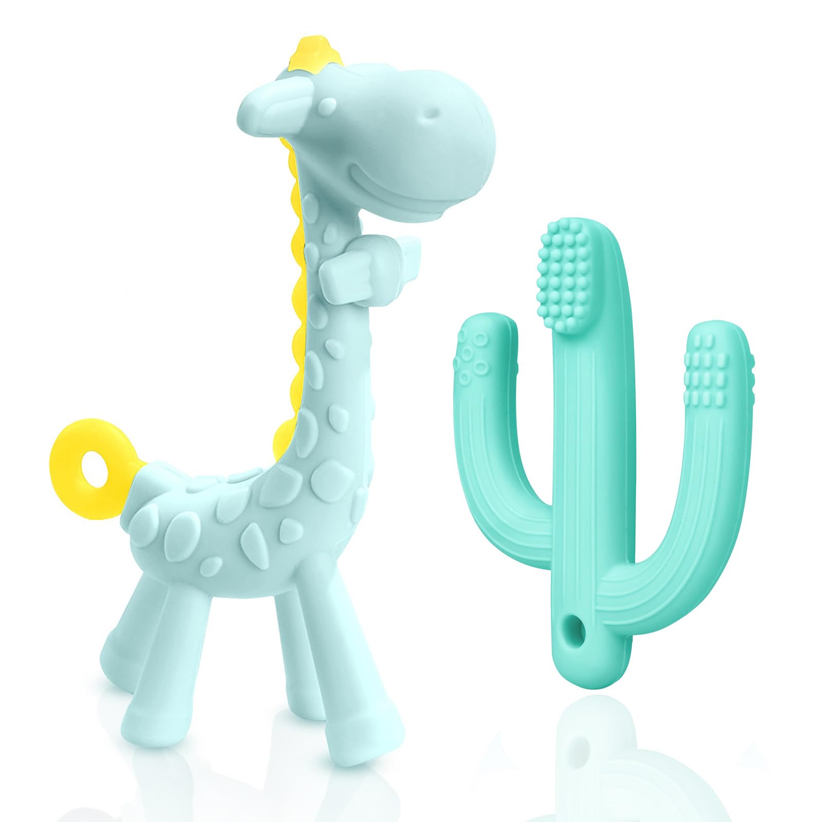 SHARE&CARE BPA Free Silicone Giraffe Baby Teether and Cactus Baby Toothbrush Teether, for 3 Months Above Infant Sore Gums Pain Relief and Baby Shower (Green)