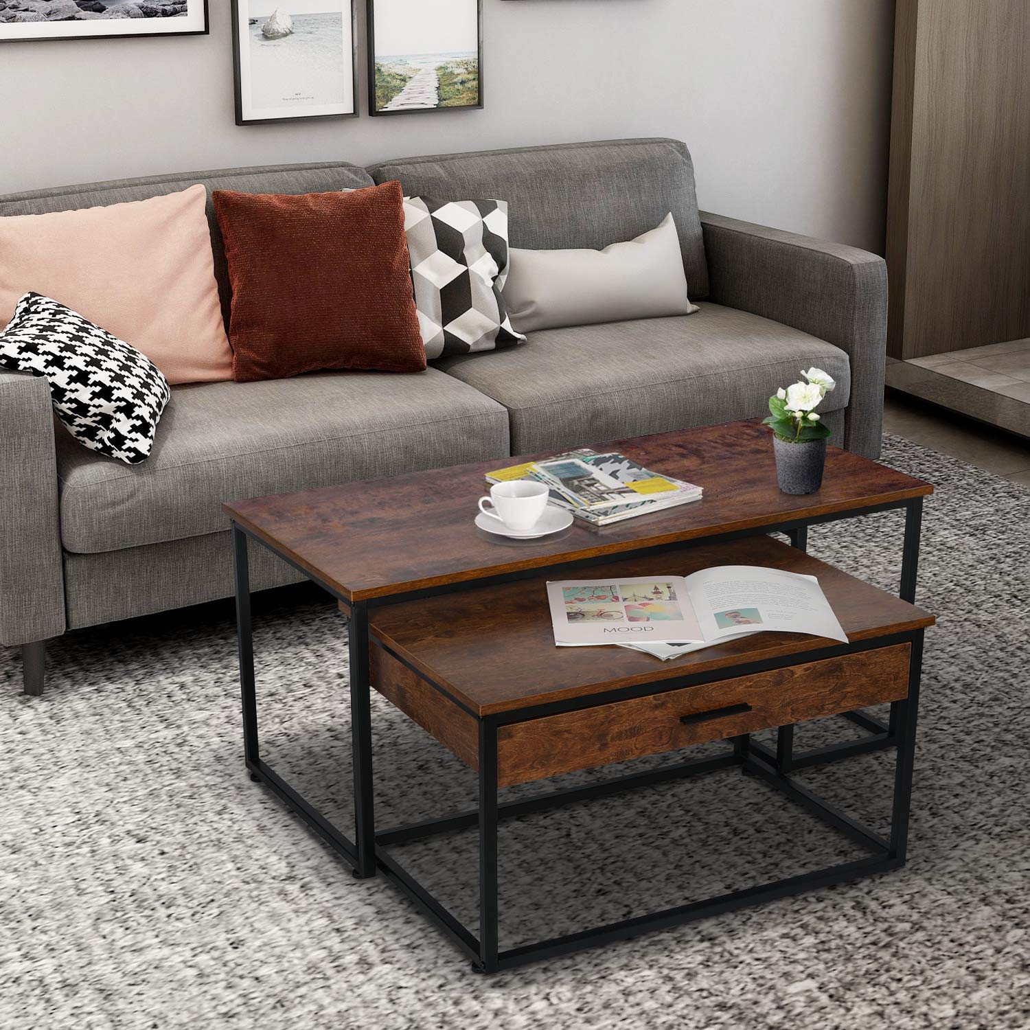 Nesting Coffee Table Set of 2 for Living Room, Sofa Side Rectangular Stacking Table with Large Capacity Sliding Rails Drawer, Home Office Furniture 42'' L X 19'' W X 19'' H