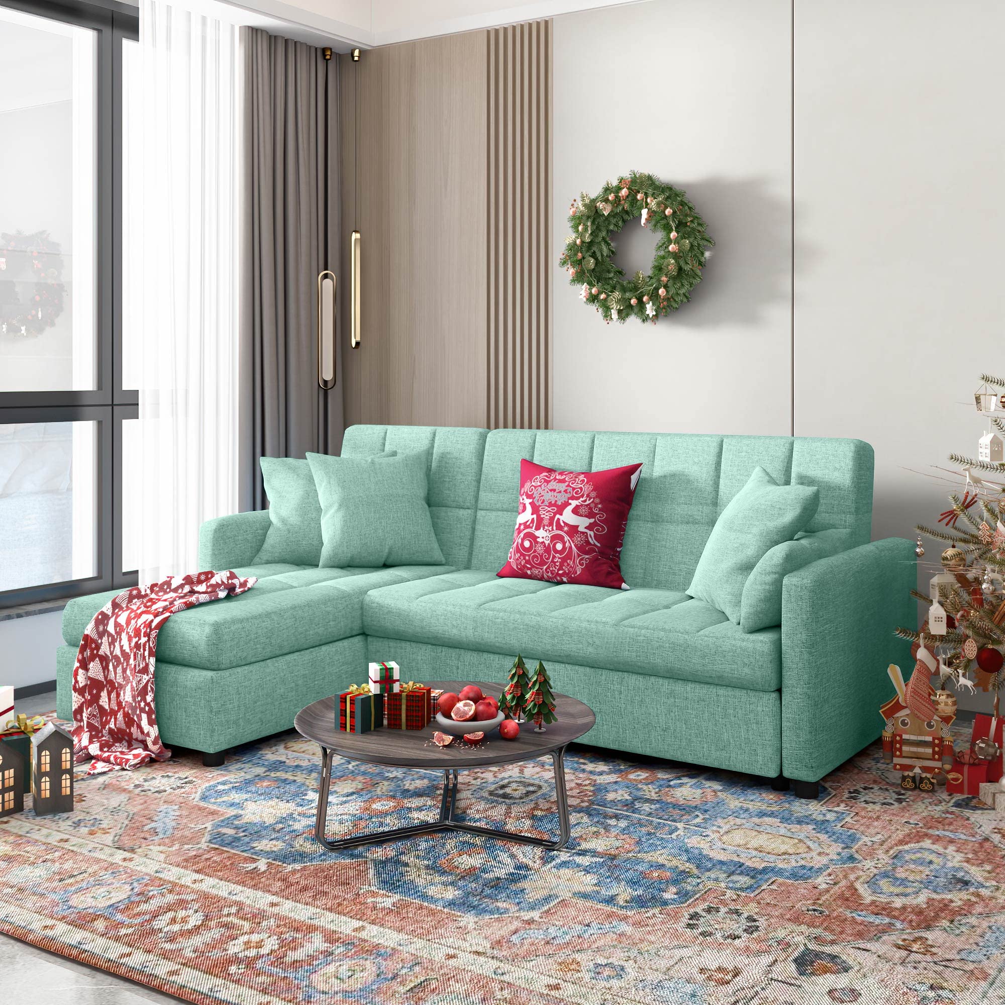POVISON Reversible Sectional Sofa Sleeper, 82'' Wide Sectional Couch Pull-Out Sofa Bed L-Shape Upholstered Sofa Bed with Storage Chaise for Living Room (Green)
