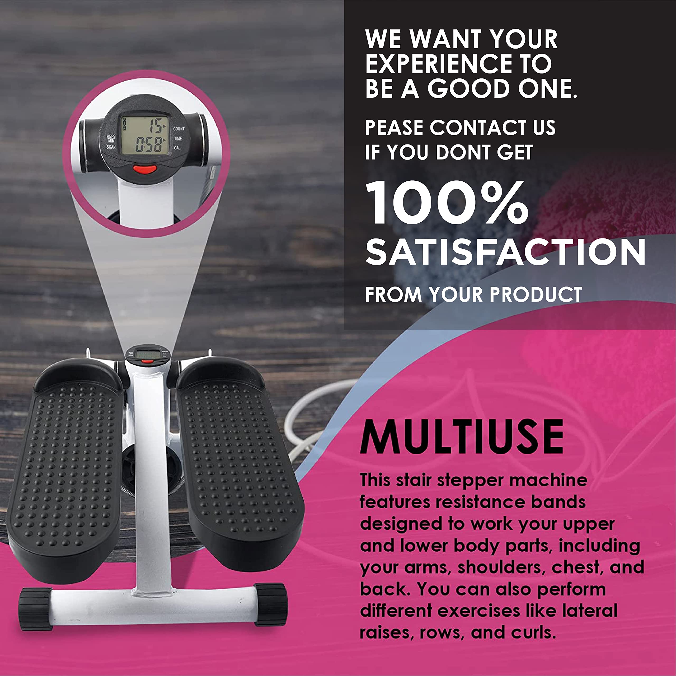 Pebble Hill Advanced Portable Stair Stepper Easy to Read Display, Resistance Bands, Non-Slip Foot Petals, Adjustable Height for Mini, Mid-Size, and Large Home or Office Gym