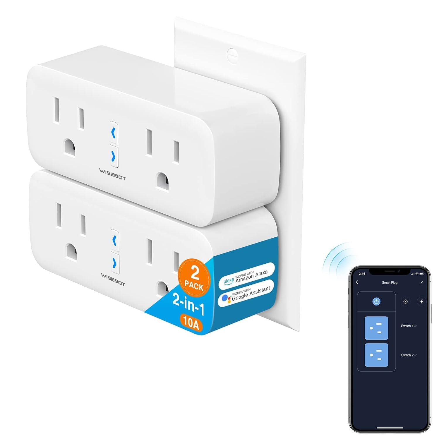 Smart Plug Extender, WISEBOT 2.4G WiFi Dual Outlet Works with Alexa and Google Home, Surge Protector Mini Socket Plug-in Remote Control and Timer Function, 10A 1200W, 2-Pack, White