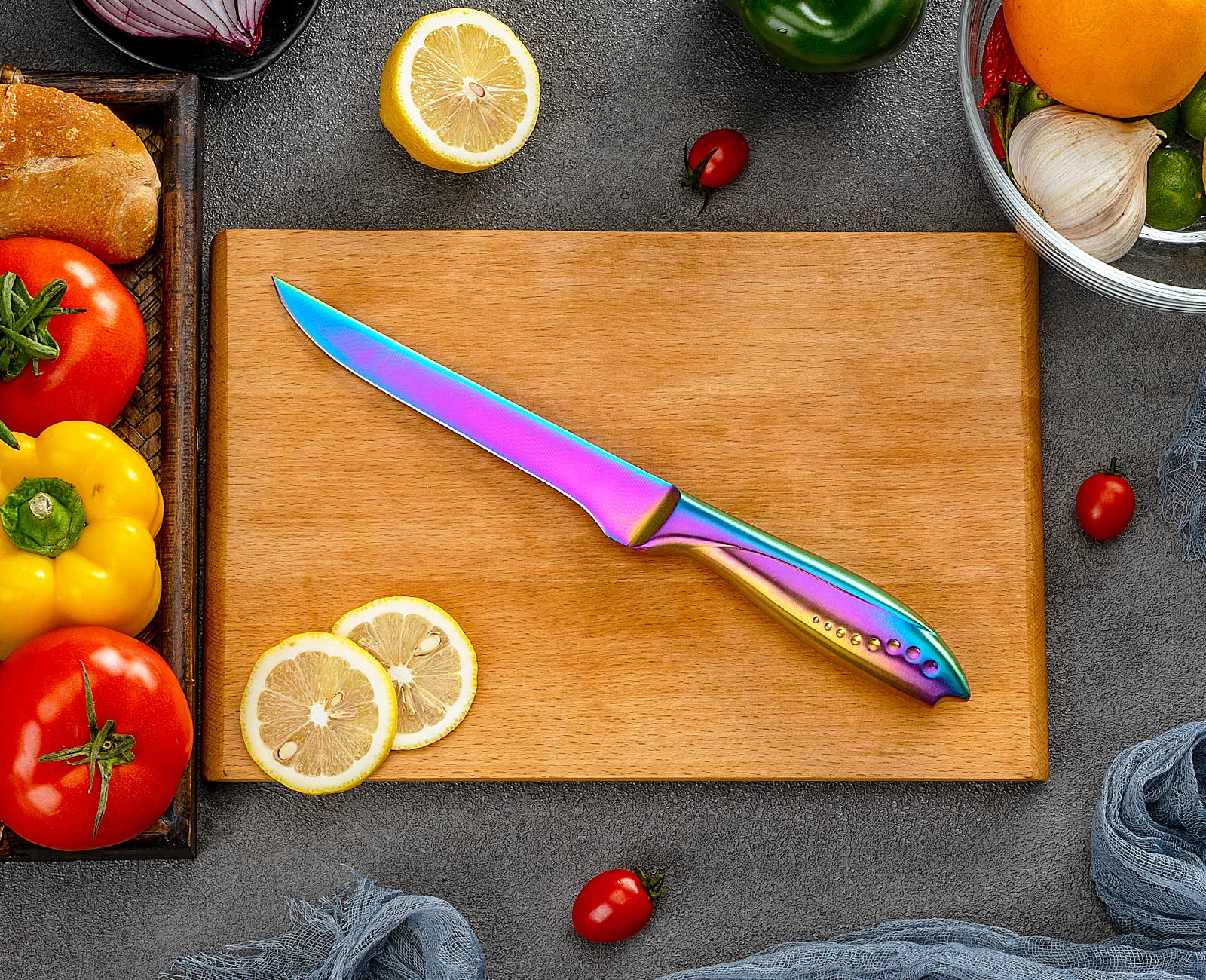 WELLSTAR Boning Knife 6 Inch, Razor Sharp German Steel Fillet Knife for Trimming Brisket/Rib/Steak/Meat, Deboning Chicken, Processing Fish/Game Meat, Rainbow Titanium Coating, Strong Durable Handle