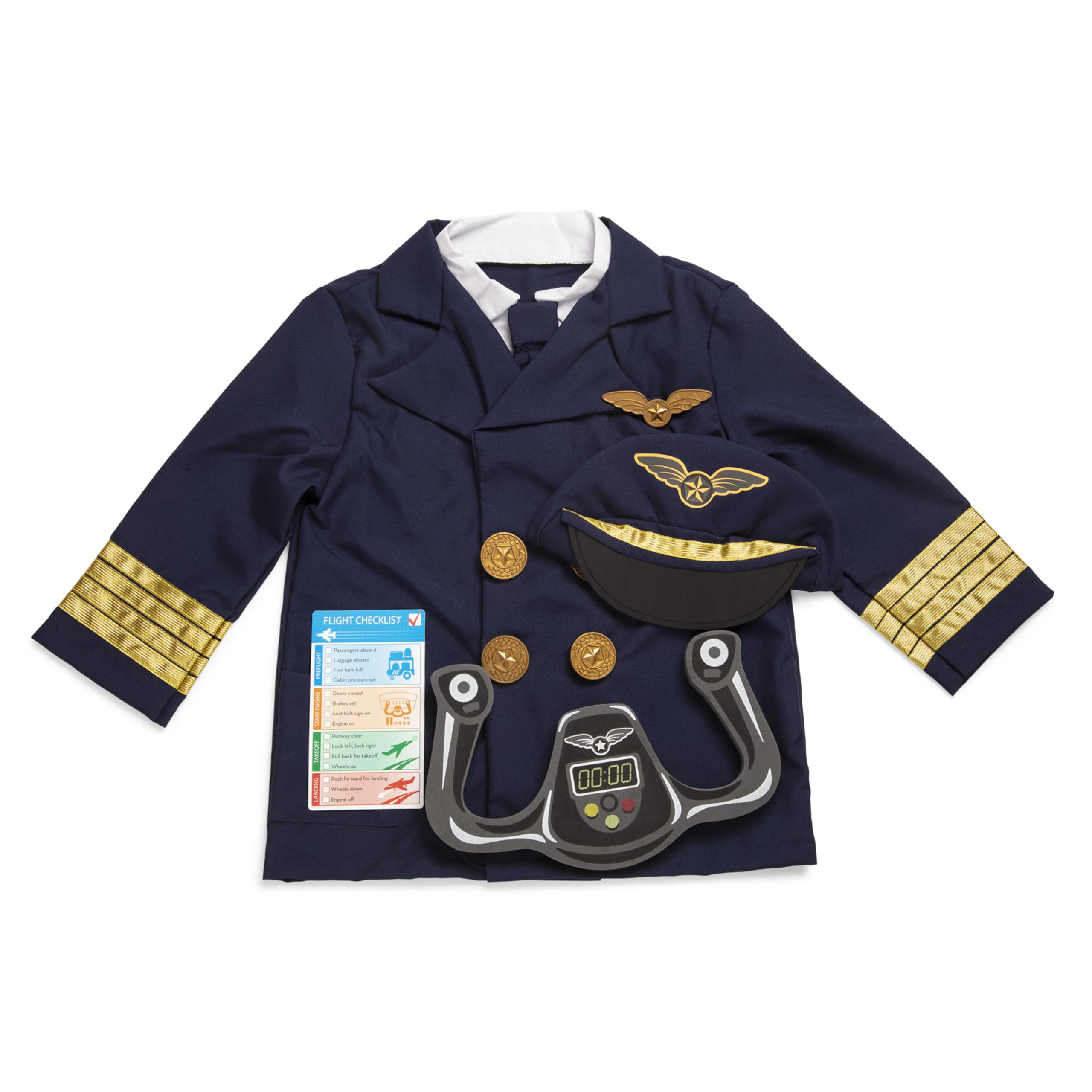 Melissa & Doug Pilot Role Play Costume Set (6 pcs) - Jacket, Tie, Hat, Wings, Steering Yoke, Checklist