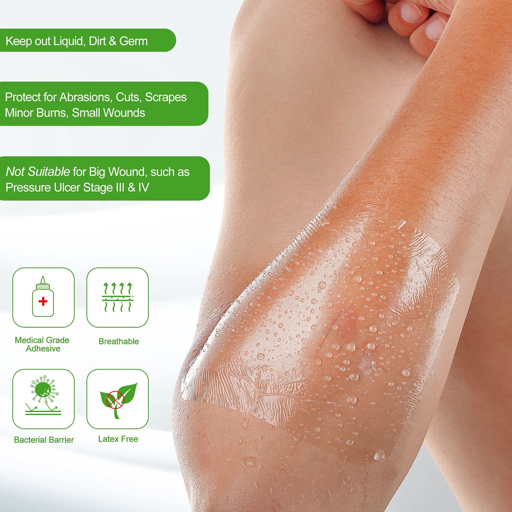 NeuHeils Transparent Film Dressing, Large Waterproof Wound Cover Bandage 4''x4.75'', 50 Packs, Post Surgical Shower or IV Shield, Tattoo Aftercare Bandage, Adhesive Patch 4 x 4 3/4 Inch