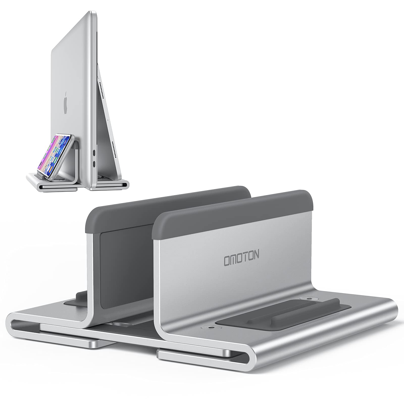 OMOTON Upgraded Laptop Vertical Stand, 3-in-1 Laptop Holder Dock with Sturdy Silicone Pads for Ultra Protection, Suitable for iPhone/iPad/MacBook Pro/Surface/Samsung/Android Tablets, Silver