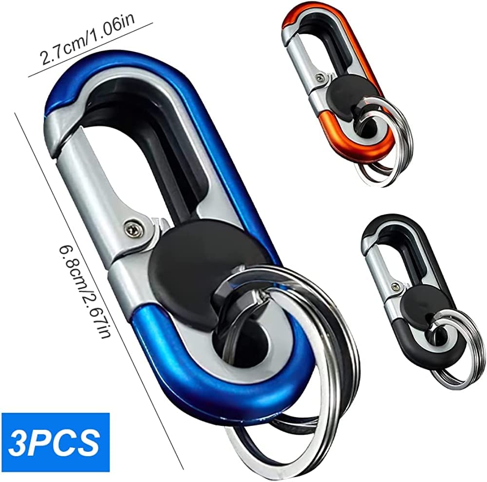 Shardnn Men’s Car Key Chain - Personalized Car Keychain for Men 3 Pack, Double Ring Design, Metal Waistband Car Keychain (Black-Orange-Blue)