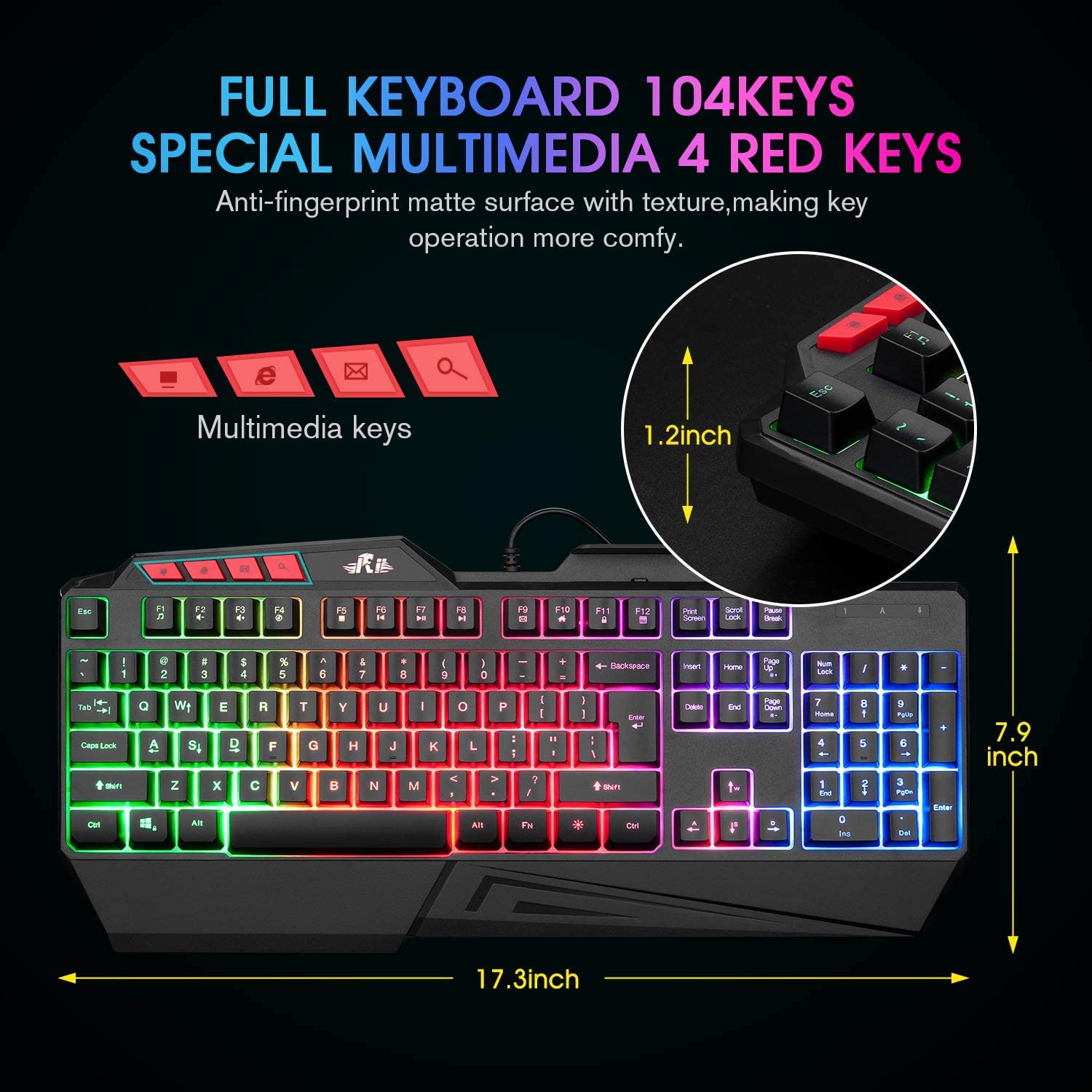 Rii RK202 RGB Gaming Keyboard Multiple Color Rainbow LED Backlit USB Wired Gaming Keyboard,104 Keys Silent Keyboard with Wrist Rest for Windows & Mac PC Gamers (Black)