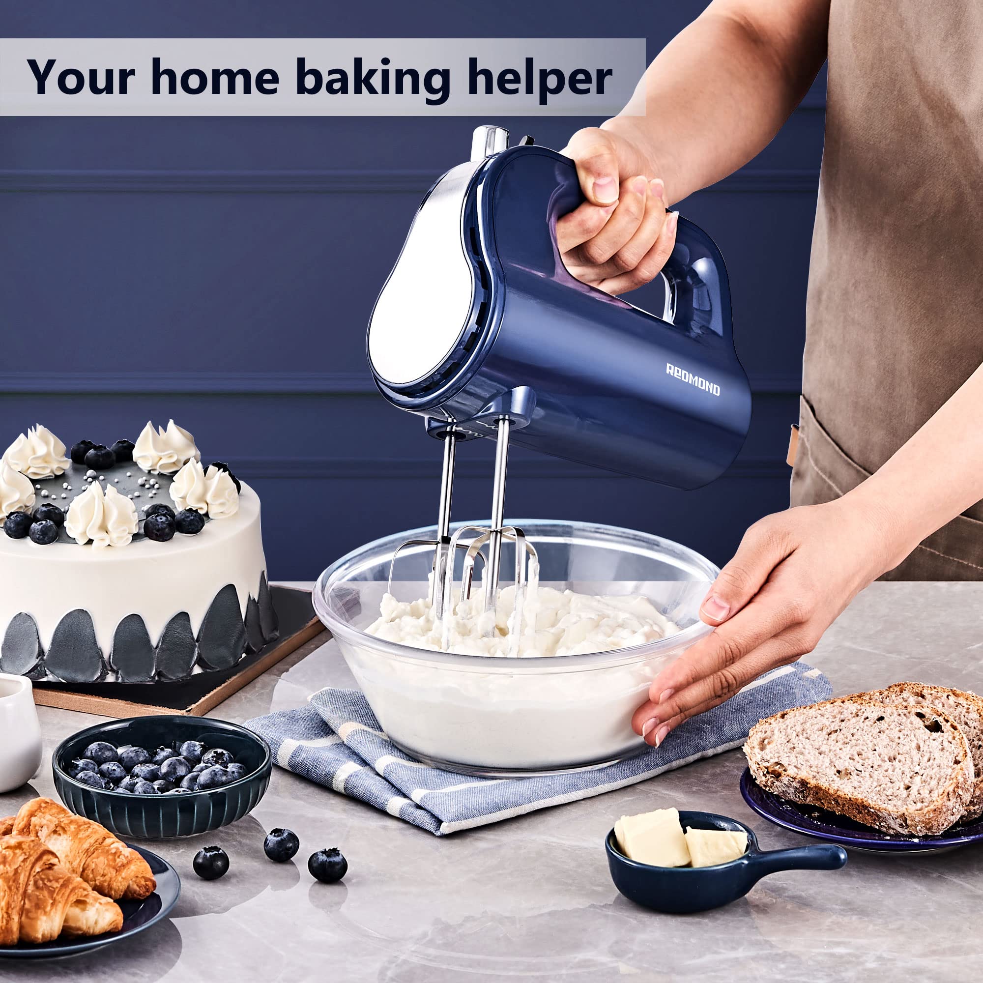 REDMOND Hand Mixer Electric, 250W Power 5-Speed Handheld Mixer, Includes Stainless Steel Beaters and Dough Hooks with Turbo, Easy Eject Button (Navy Blue)