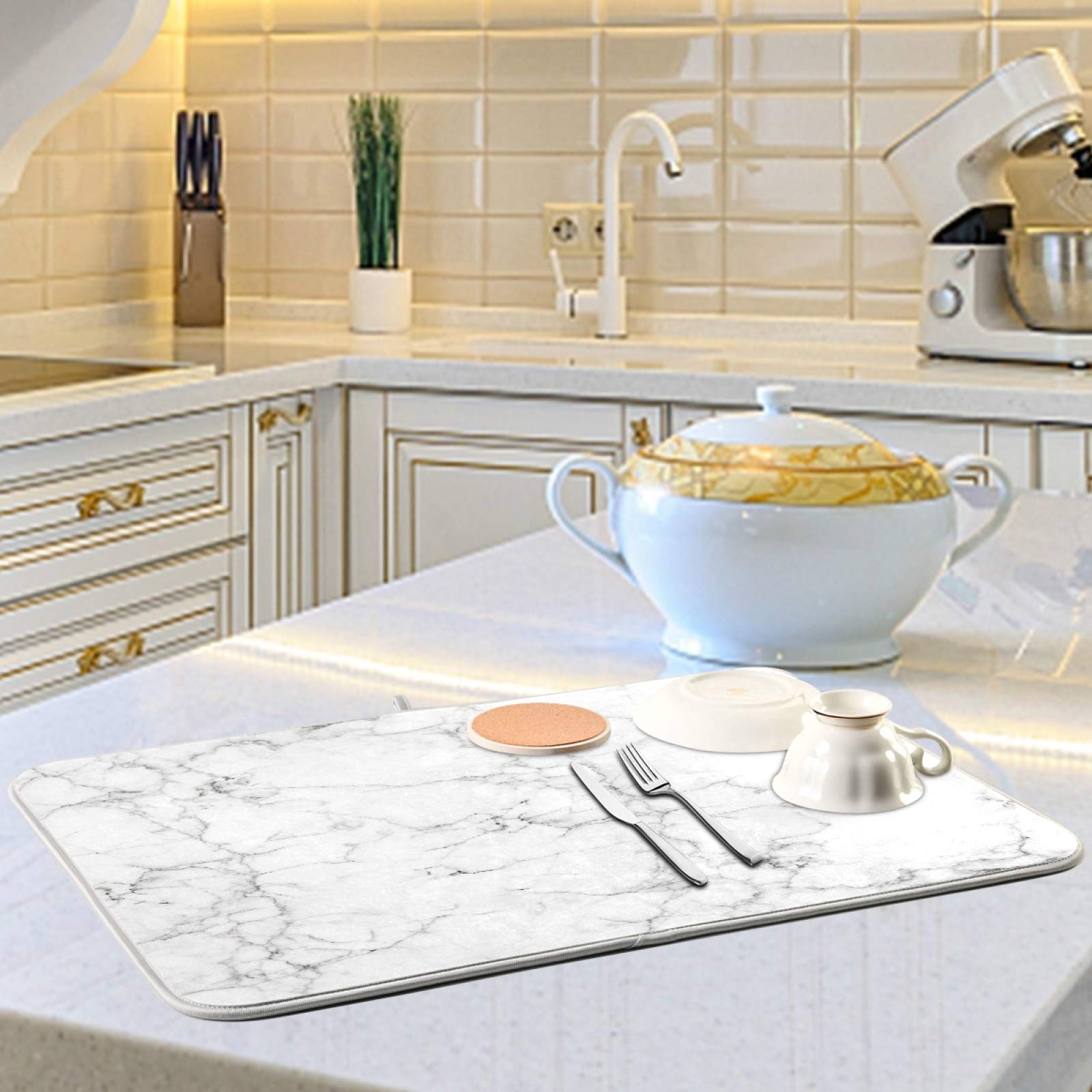 White Marble Dish Drying Mat Kitchen Counter Gold Absorbent Microfiber Drying Rack Pads 16x18 inch for Countertop Dishes Large Drain Mats and Protector Coffee Bar Mats
