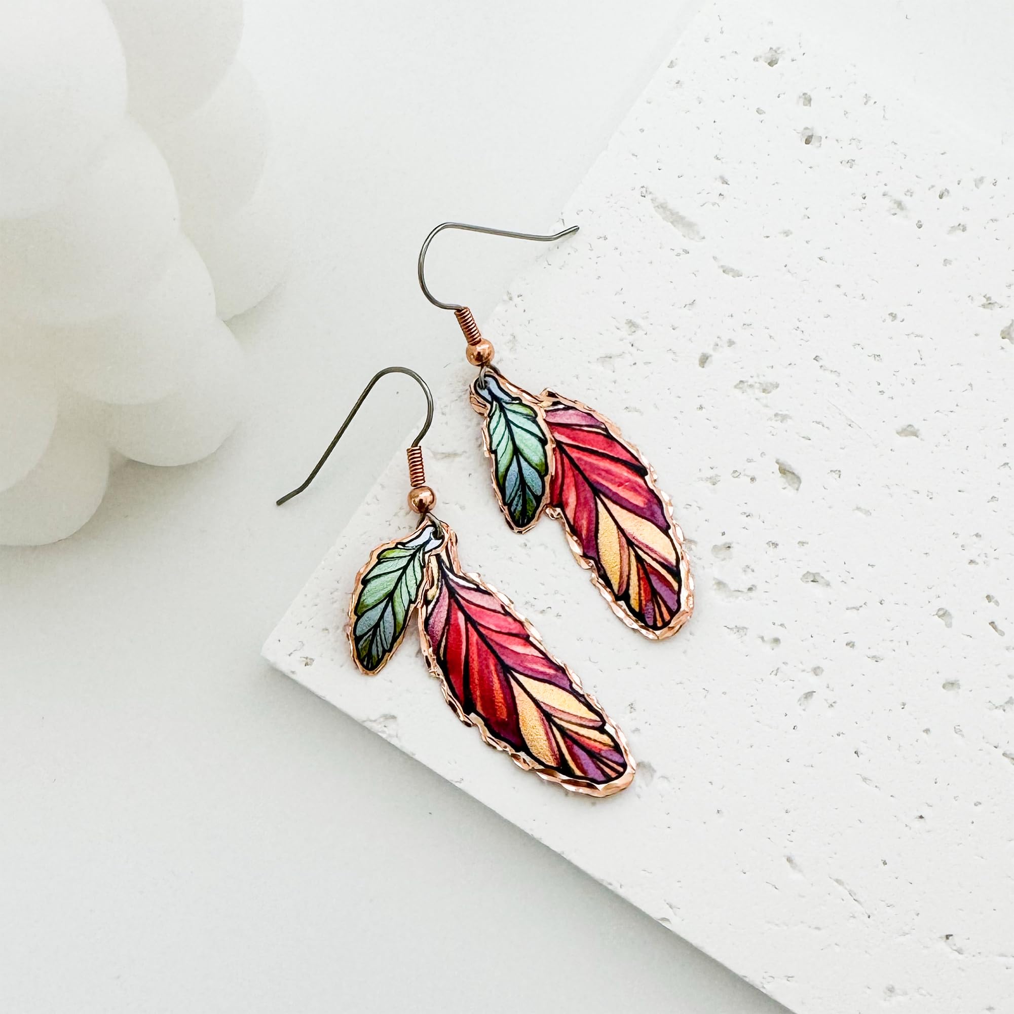 Native American Earrings Women - Feather Earrings - Layered Earrings - Red Feather Earrings Dangle - Green Feather Earrings -Feather Jewellery