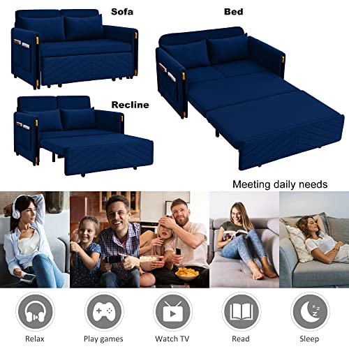 Xozor 54" Modern Convertible Sofa Bed - Adjustable Pull Out Couch Bed Sleeper Sofa,Velvet Loveseat with 2 Pillows and Side Pockets for Living Room, Office Or Bedroom, (Blue)