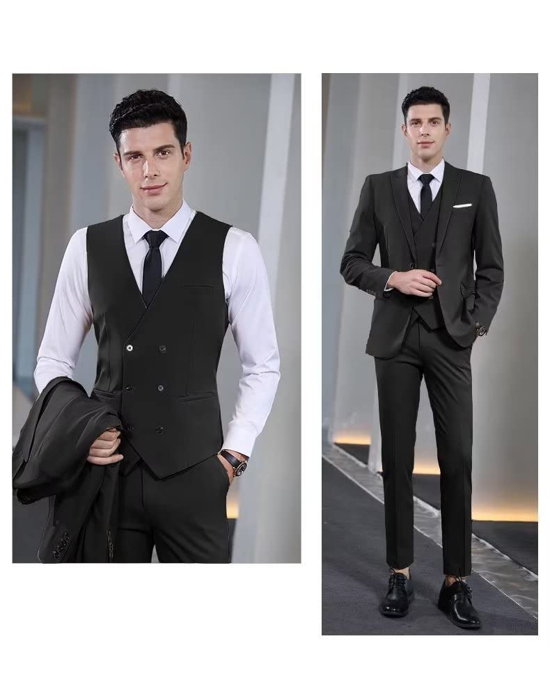 Mens Stylish 3 Piece Dress Suit Classic Fit Wedding Formal Jacket & Vest & Pants Black 4XL