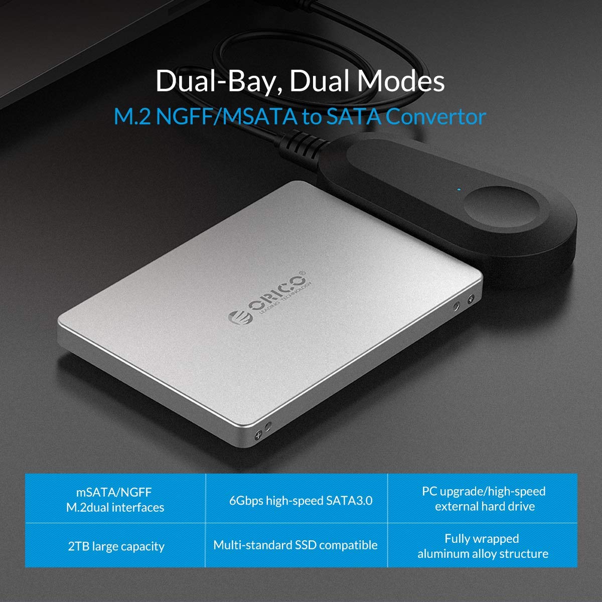 ORICO M.2 (NGFF)/mSATA to 2.5 Inch SATA 2in1 Aluminum Enclosure Adapter Multi Function Hard Drive Converter Case External SSD Enclosure-MS2TS