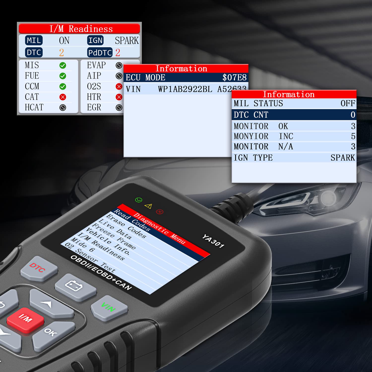 OBD2 Scanner,Car Code Reader Check Engine Light Auto OBD-II CAN Diagnostic Scan Tool with Live Data,10 OBDII Test Modes, Lifetime Free Upgrade (YA-301). Black