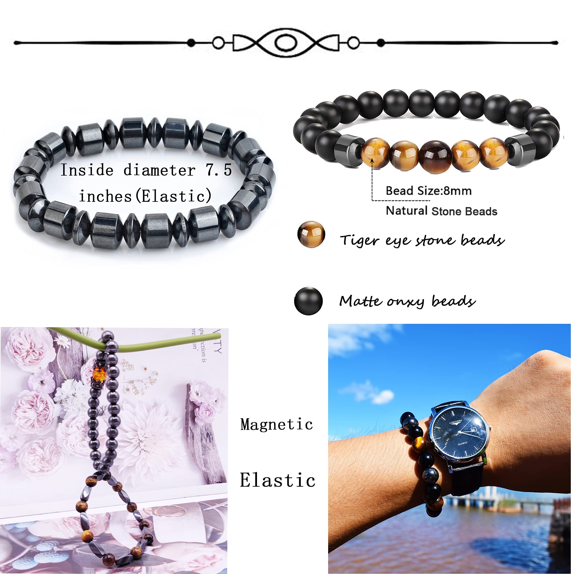 SAMOCO 8 Pcs Hematite Bead Bracelet for Men Women 8mm Tiger Eye Stone Beads Bracelet Elastic Natural Stone Bracelet Bangle