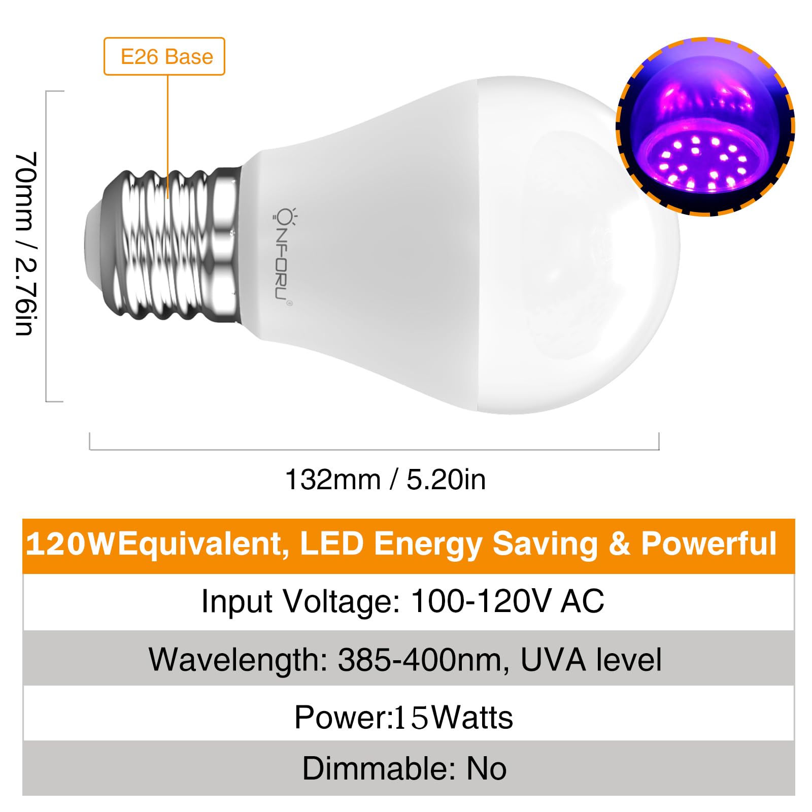 Onforu 15W LED Black Light Bulbs, A19 E26 Blacklight Bulb 120W Equivalent, Purple Bulb 385-400nm, Glow in The Dark for Halloween, Black Light Party, Body Paint, Fluorescent Poster, 6 Pack