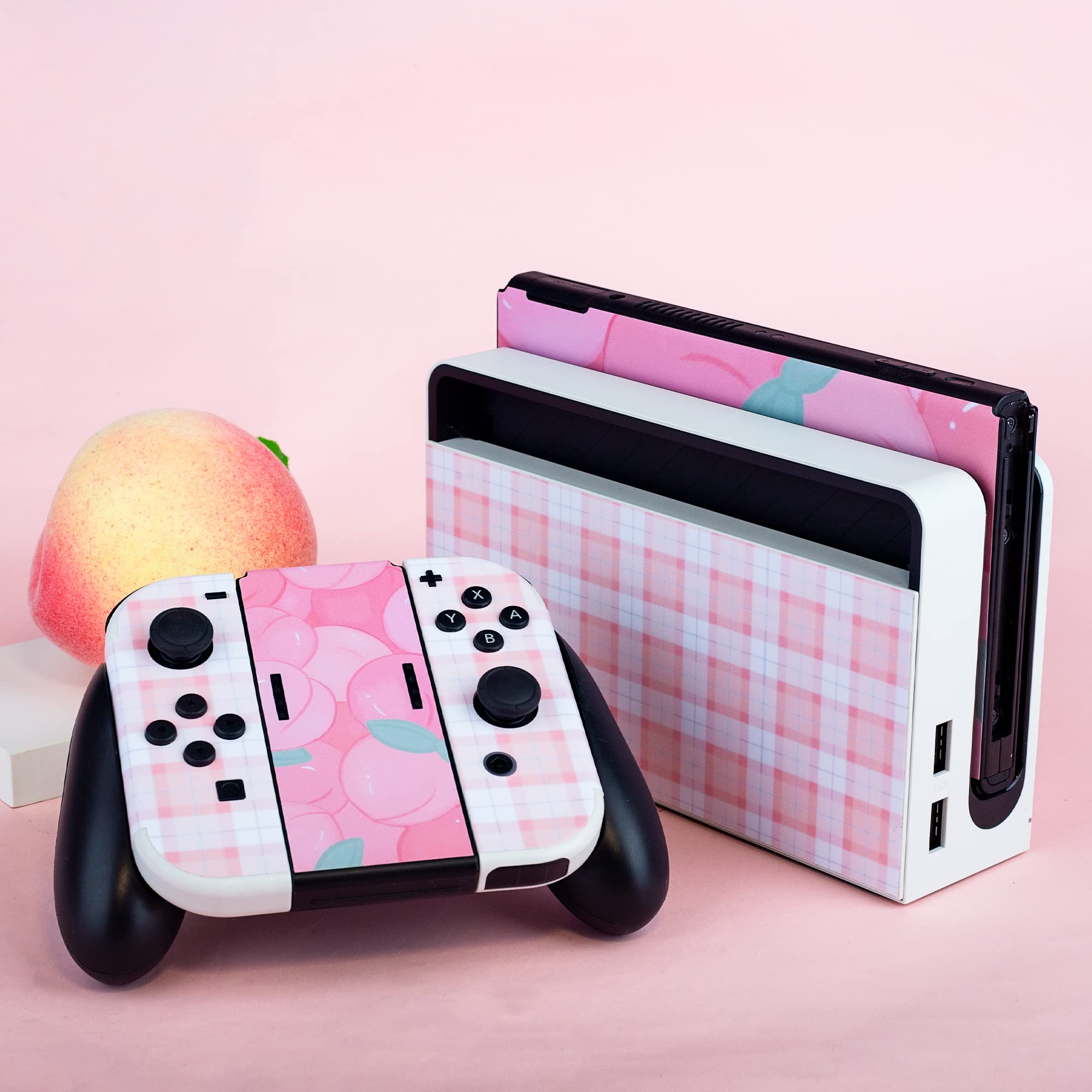 RHOTALL Cute Peach Pattern Decal Skin Compatible with Nintendo Switch OLED, Cute Sticker with Comfortable Touch for Switch OLED Console, Joycon Controller, Handle Grip and Dock