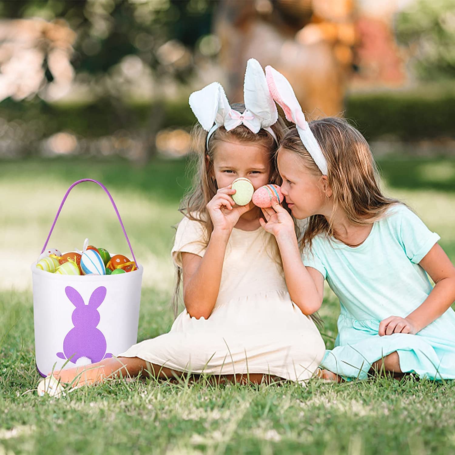 Yunsuelo 3 Pack Easter Egg Hunt Basket Bags for Kids Bunny Canvas Tote - Cotton Carrying Gift and Eggs Hunt Bag