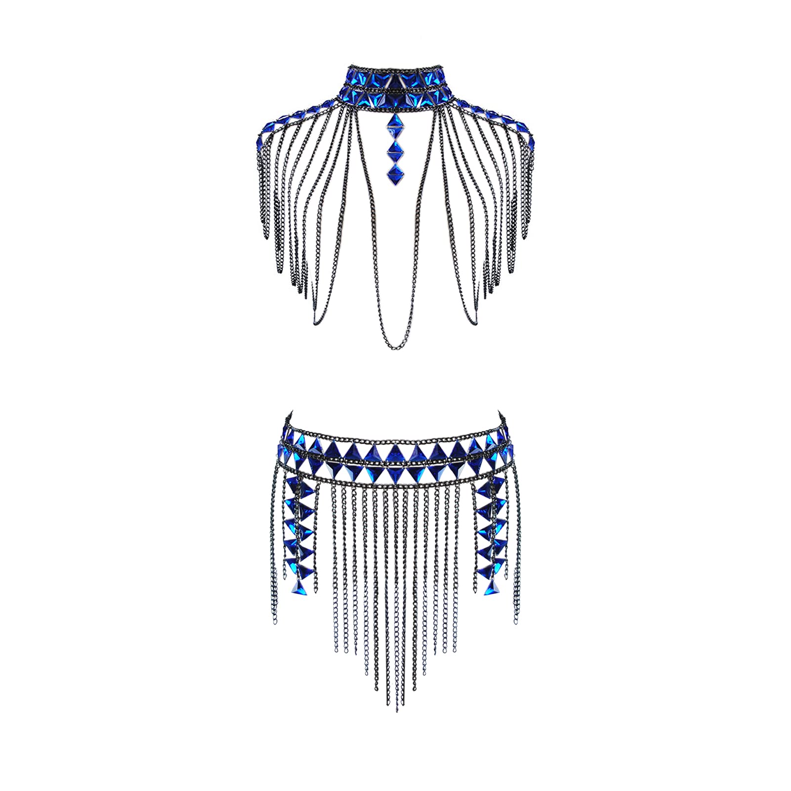 Sinkcangwu Boho Jewelry Set Body Chain Suit Tribal Harness Bra Crop Top Necklace Skirt for Women Summer Beach Party (Black and Blue)